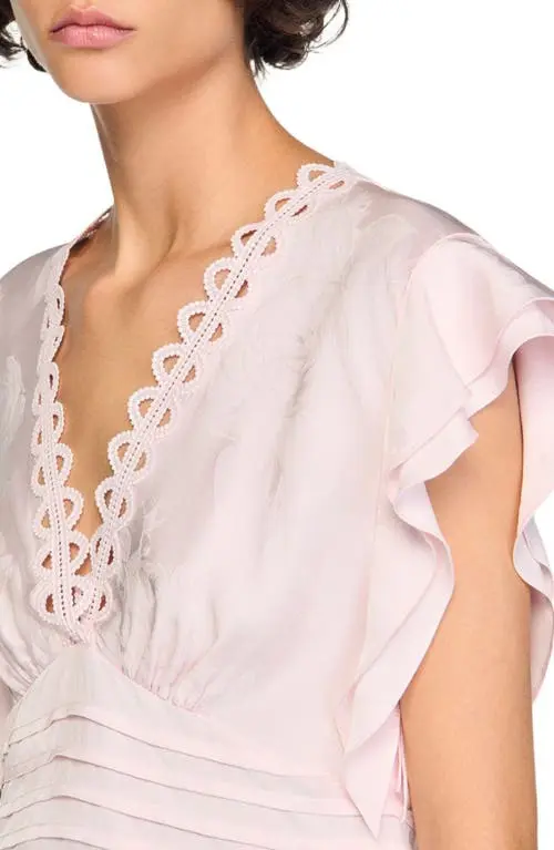 Sandro Floral Jacquard Crop Top With Ruffled Sleeves