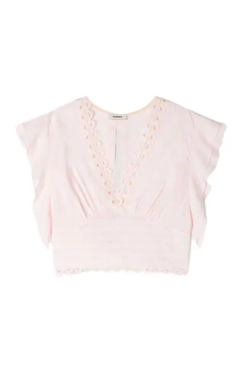Sandro Floral Jacquard Crop Top With Ruffled Sleeves