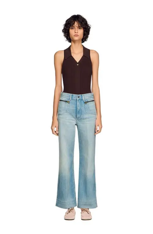 Sandro Faded Straight Zipped Cotton Jeans
