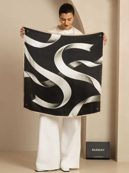 SILKSILKY Pure Silk White Ribbon Square Scarf - Black