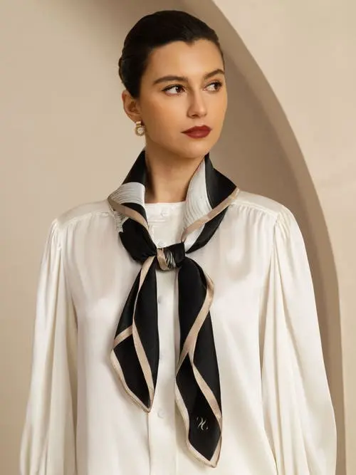 SILKSILKY Pure Silk White Ribbon Square Scarf - Black