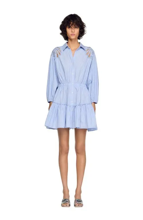Sandro Striped Cotton Shirt Dress With Rhinestone Shell Embroidery - Sky Blue