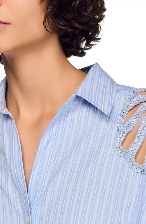 Sandro Striped Cotton Shirt Dress With Rhinestone Shell Embroidery - Sky Blue
