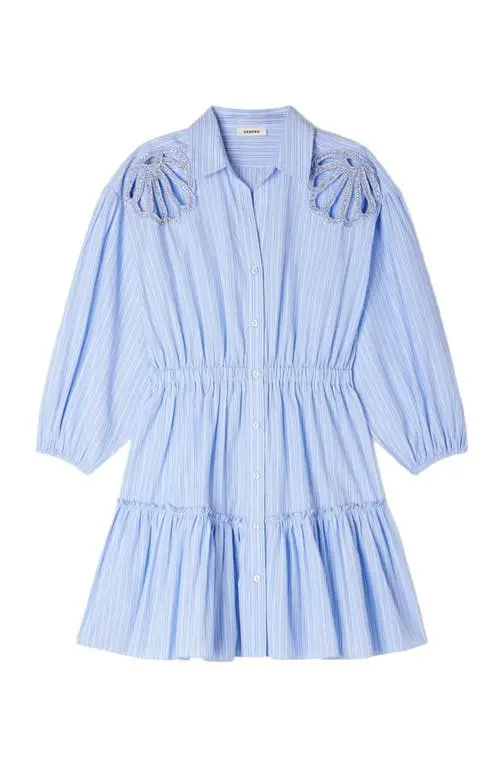 Sandro Striped Cotton Shirt Dress With Rhinestone Shell Embroidery - Sky Blue