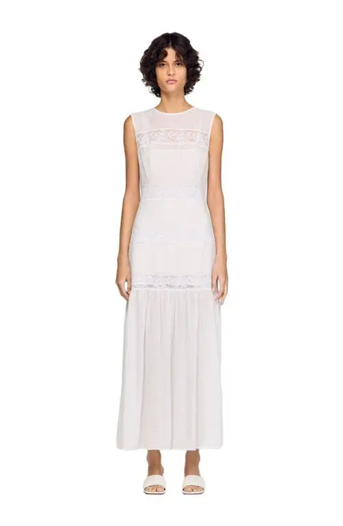 Sandro Crepon Maxi Dress With Lace Trim