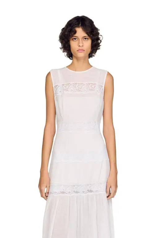 Sandro Crepon Maxi Dress With Lace Trim