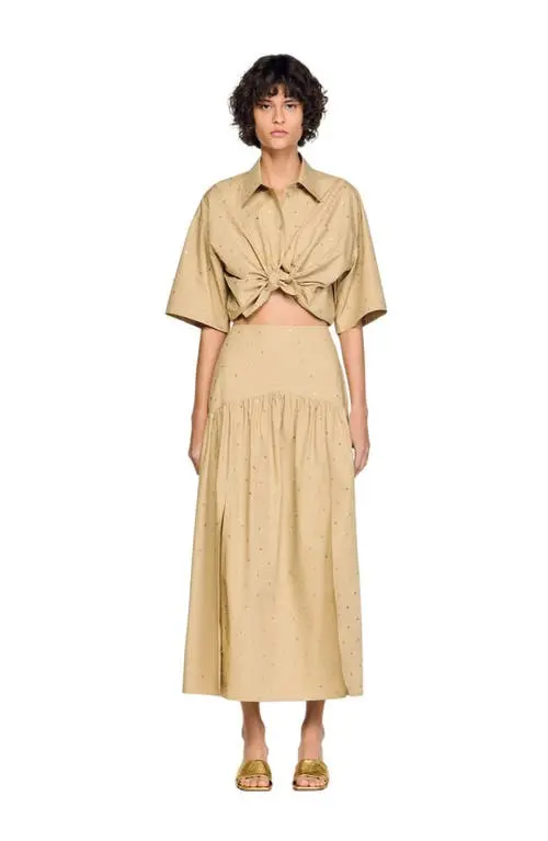 Sandro Long Rhinestone Embellished Cotton Skirt