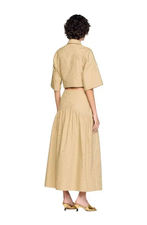 Sandro Long Rhinestone Embellished Cotton Skirt - Beige