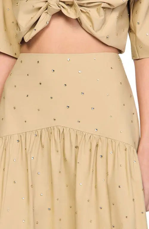 Sandro Long Rhinestone Embellished Cotton Skirt - Beige