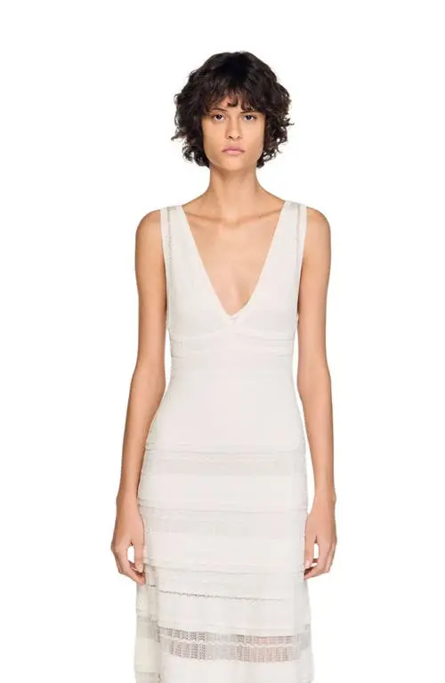 Sandro Pointelle Knit V-neck Maxi Dress - White