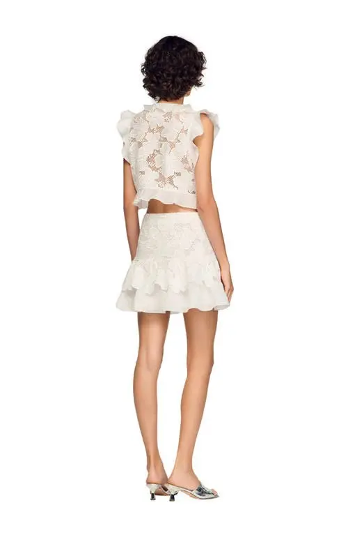 Sandro Floral Guipure Lace Crop Top With Ruffle Embellishments