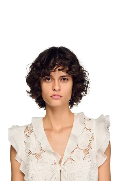 Sandro Floral Guipure Lace Crop Top With Ruffle Embellishments
