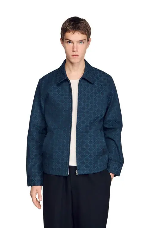 Sandro Square Cross Jacquard Denim Jacket - Navy Blue