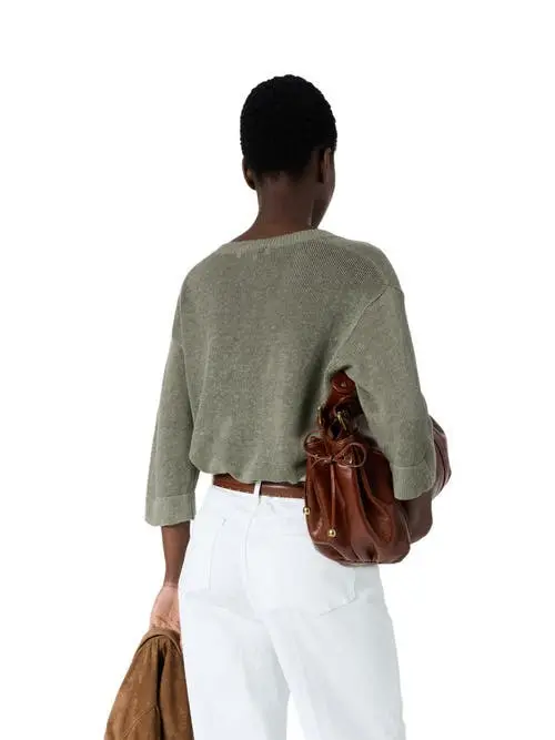 Gerard Darel Lylou 3/4 Sleeve V-neck Knit Top - Medium Khaki