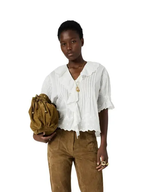 Gerard Darel Embroidered Ruffle Detail Cotton Voile Shirt - White