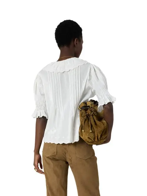 Gerard Darel Embroidered Ruffle Detail Cotton Voile Shirt - White