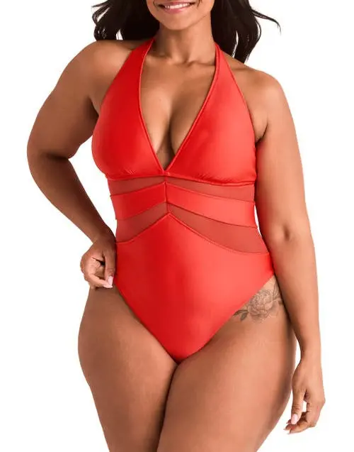 ADORE ME Rikki One-piece Swimsuit With Plunge Neckline And Mesh Inserts - Dark Orange