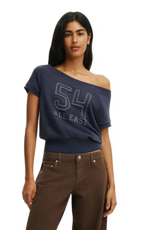 COTTON ON Short Sleeve Off Shoulder Sweatshirt - Shadow Navy 54