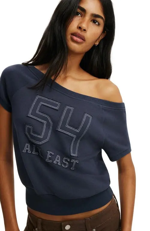 COTTON ON Short Sleeve Off Shoulder Sweatshirt - Shadow Navy 54