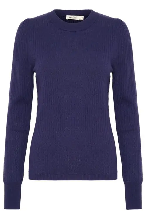 SOAKED IN LUXURY Slim Fit Crew Neck Pullover With Striped Hole Pattern - Patriot Blue