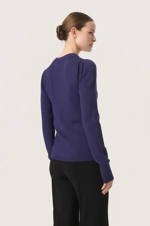 SOAKED IN LUXURY Slim Fit Crew Neck Pullover With Striped Hole Pattern - Patriot Blue