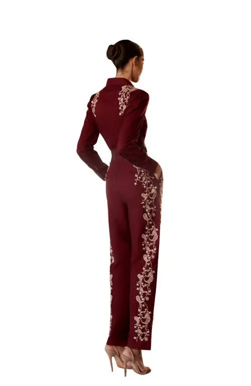THE IQ COLLECTION Bare Jumpsuit With Embroidery - Burgundy