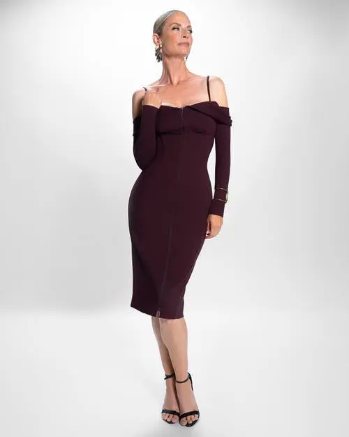 TA3 Mega Sculpting Off-the-shoulder Long Sleeve Midi Dress - Garnet