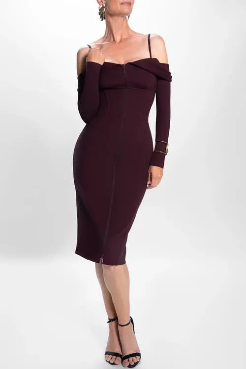 TA3 Mega Sculpting Off-the-shoulder Long Sleeve Midi Dress - Garnet