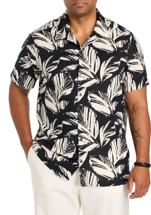 Perry Ellis Big & Tall Printed Leaf Camp Shirt - Black