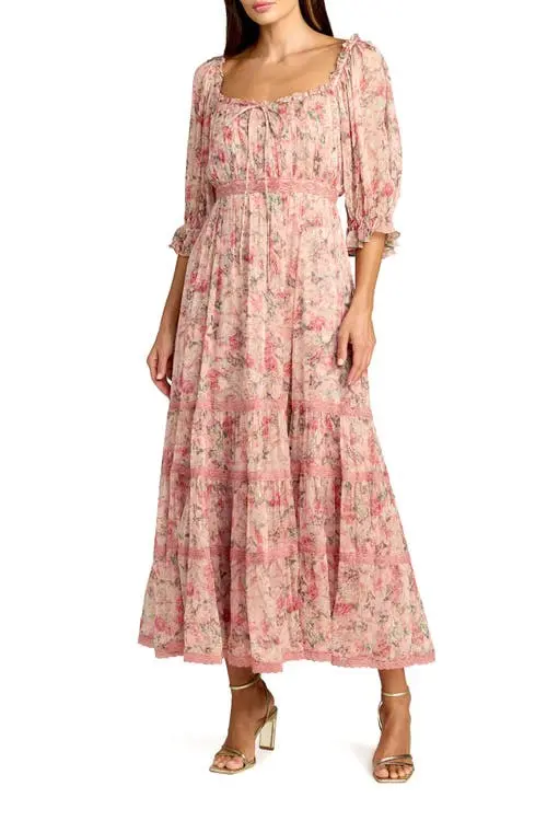 Mac Duggal Floral Printed Midi Dress With 3/4 Sleeves And Ruffled Neckline - Pink Multi