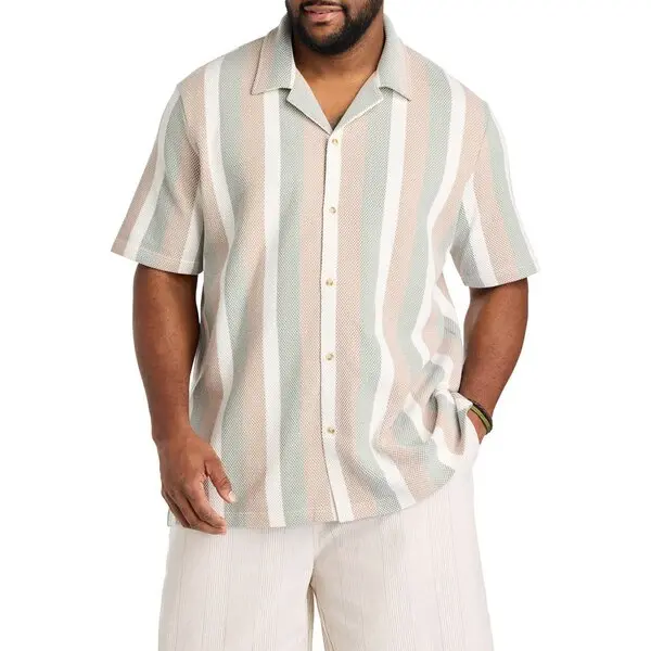 NAUTICA Big & Tall Textured Stripe Button-front Polo Shirt - Natural