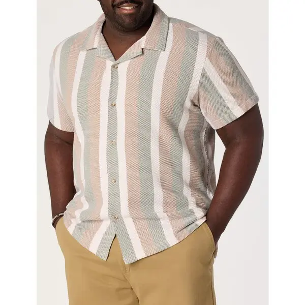 NAUTICA Big & Tall Textured Stripe Button-front Polo Shirt - Natural