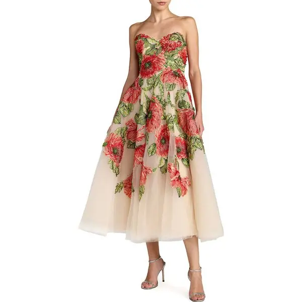 Mac Duggal Embroidered Mesh Strapless A-line Midi Dress - Nude Multi