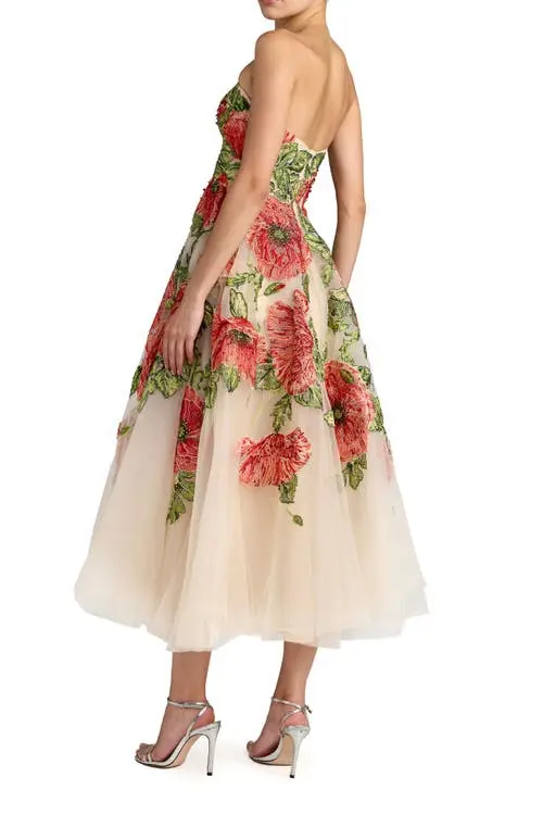Mac Duggal Embroidered Mesh Strapless A-line Midi Dress