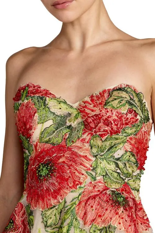 Mac Duggal Embroidered Mesh Strapless A-line Midi Dress