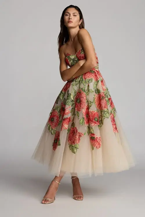 Mac Duggal Embroidered Mesh Strapless A-line Midi Dress