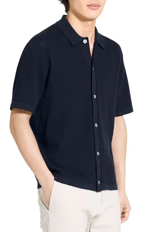 Theory Tactile Cotton Open Stitch Button-up Shirt - Baltic