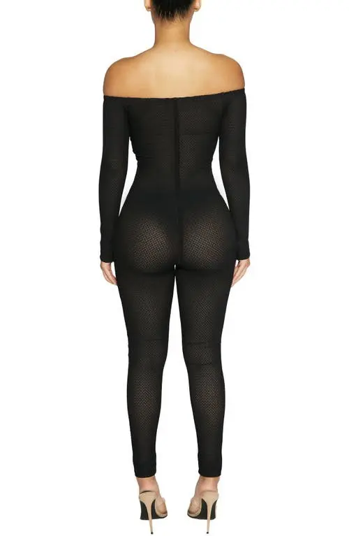 Naked Wardrobe Off-the-shoulder Long Sleeve Mesh Jumpsuit