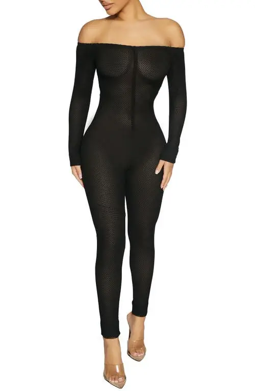 Naked Wardrobe Off-the-shoulder Long Sleeve Mesh Jumpsuit - Black