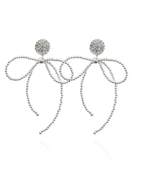 SAULE LABEL Lucia Bow Earrings With Crystal Rhinestone Studs - Silver Starless