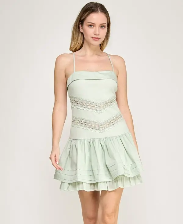 BEAUTY & GRACE Square Neck Rib-knit Mini Dress - Sage