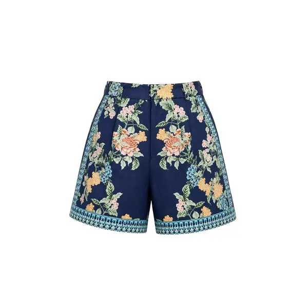 RAISHMA Amani Navy Printed Cotton Shorts - Blue