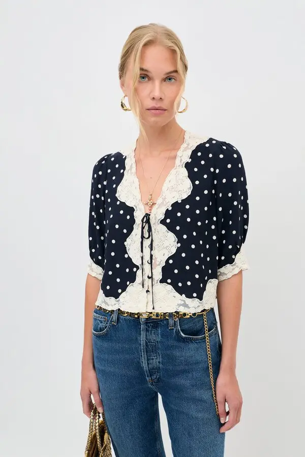 Rixo Ursula Polka Dot Lace Trimmed Blouse