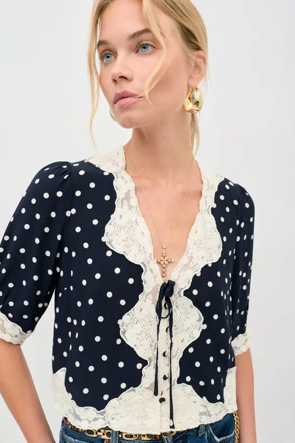 Rixo Ursula Polka Dot Lace Trimmed Blouse