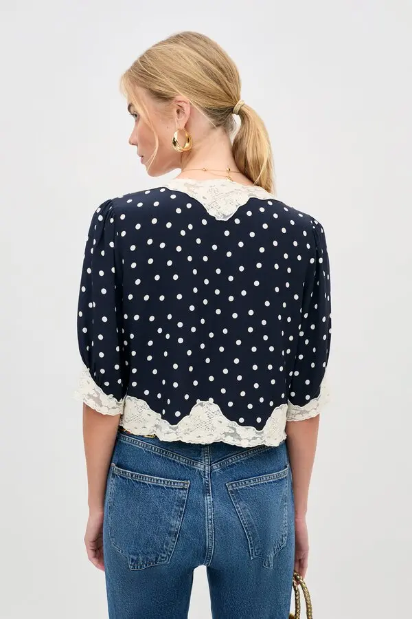 Rixo Ursula Polka Dot Lace Trimmed Blouse
