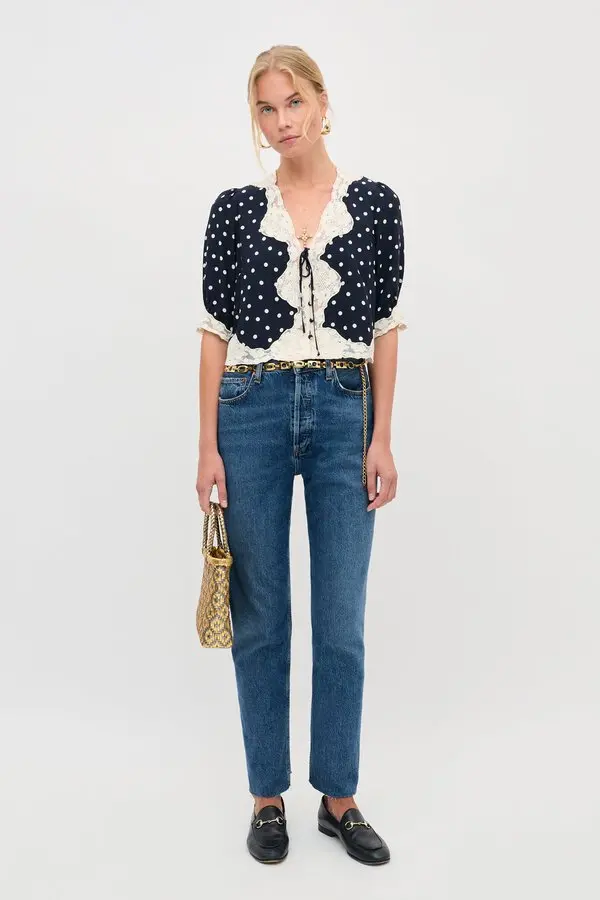 Rixo Ursula Polka Dot Lace Trimmed Blouse