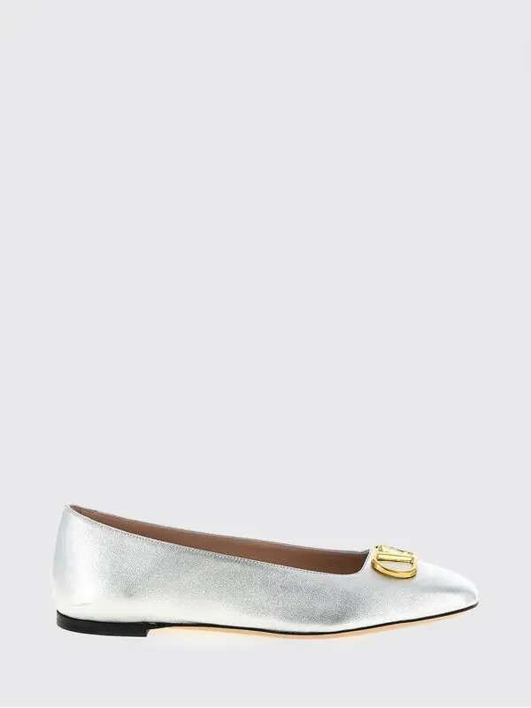 Valentino Garavani Vlogo Signature Laminated Leather Ballerina Flats - Silver
