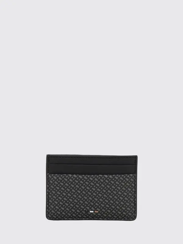 BOSS Monogram Pattern Leather Card Holder With Four Slots - Black