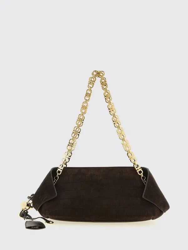 FERRAGAMO Crocodile Print Suede Shoulder Bag