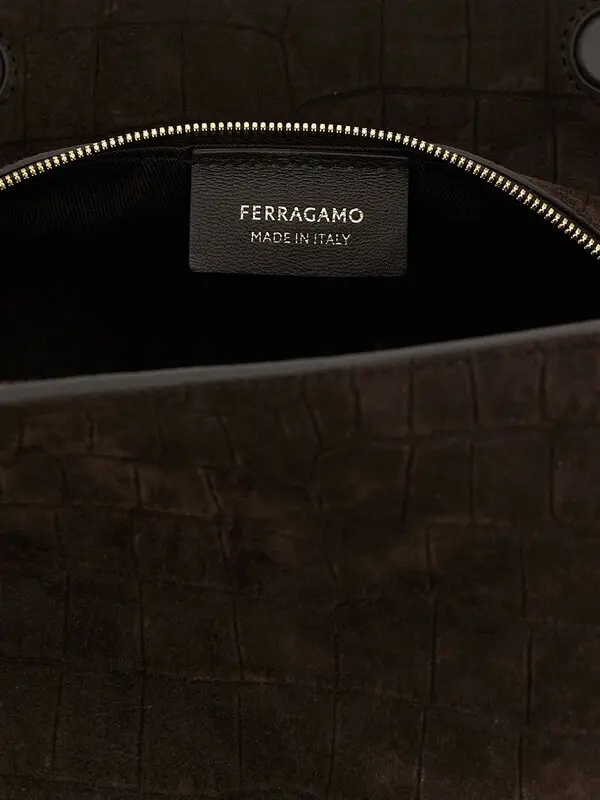 FERRAGAMO Crocodile Print Suede Shoulder Bag